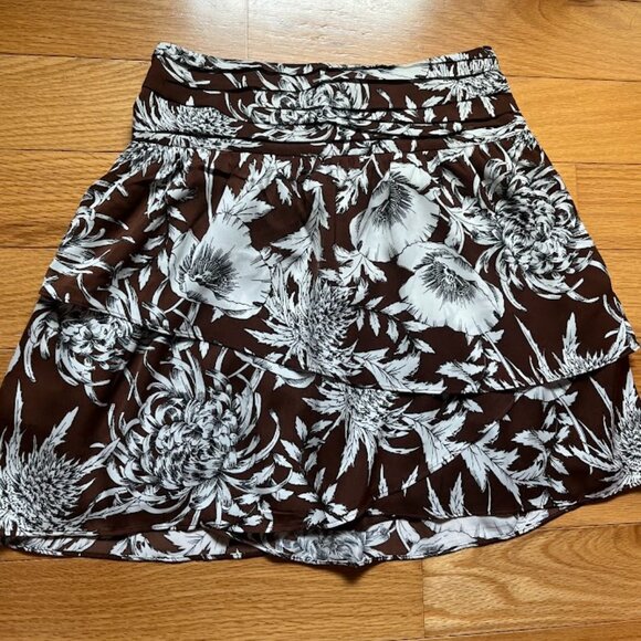 Express | Skirts | Express Brown Satin Printed Asymmetrical Tiered Mini ...